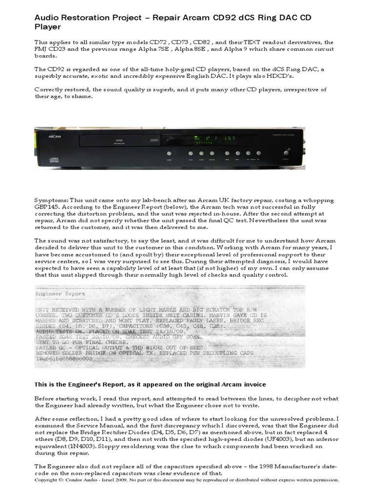 Arcam CD92 CD HDCD Player Restoration Repair | PDF | Capacitor | Rectifier