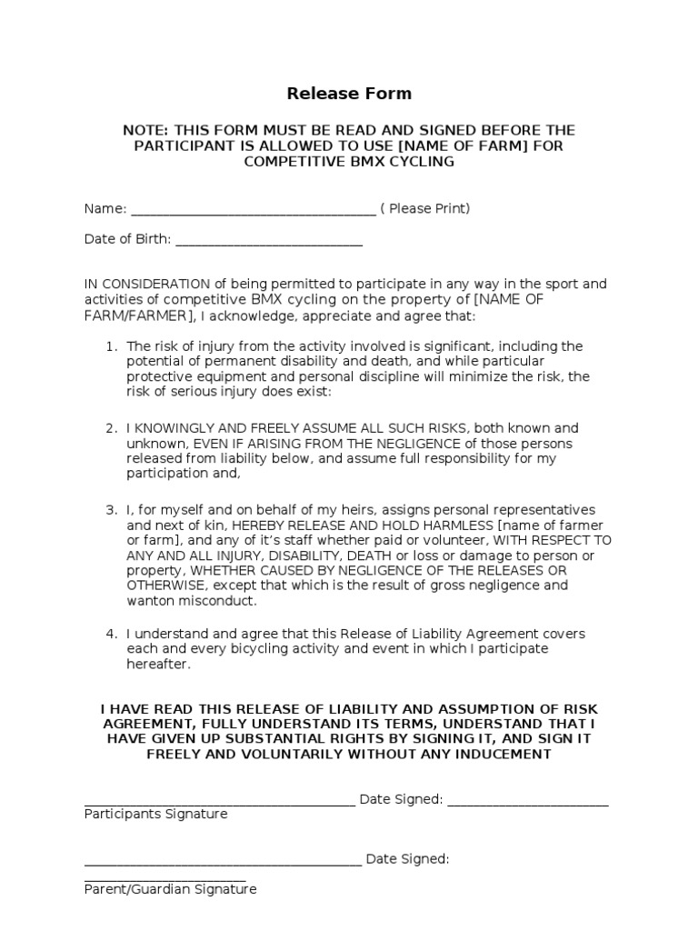 BMX Cycling Release Form | PDF | Finance & Money Management | Law