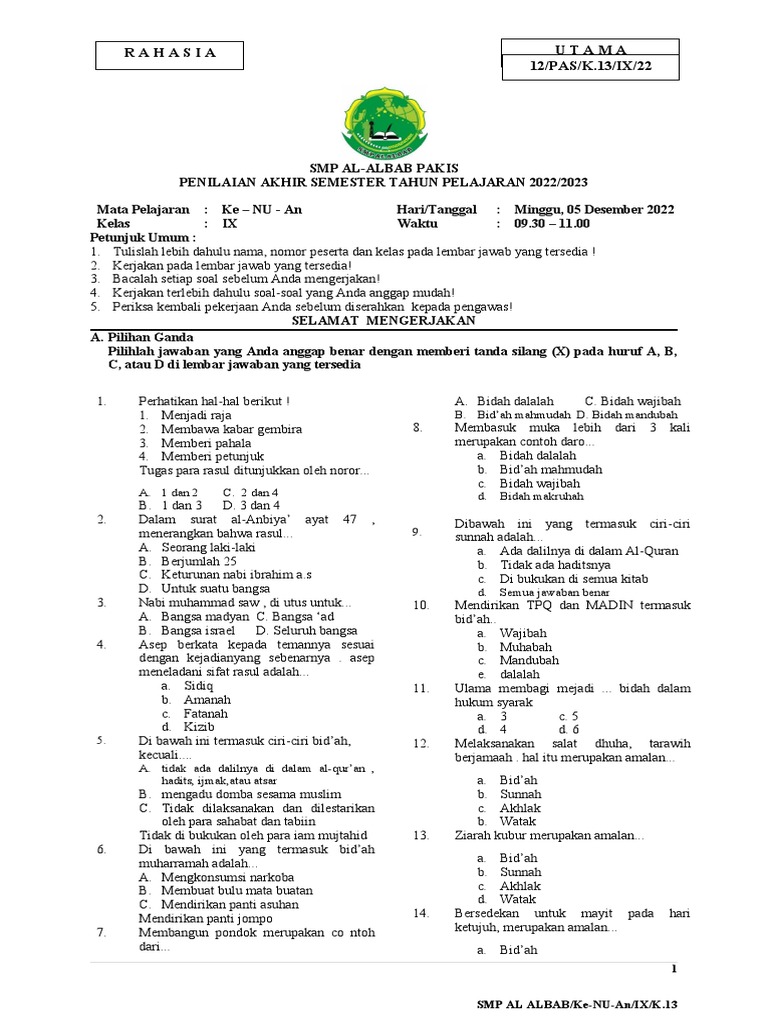 Soal Ke Nu An KLS 9 SMT Ganjil 2022 | PDF