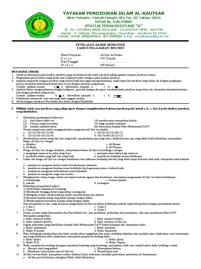 Soal Pas Al Qur'an Hadis KLS 7 2021 | PDF