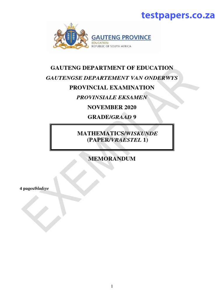 Gr9 Math P1 English And Afrikaans 2020 Exemplars Possible Answers