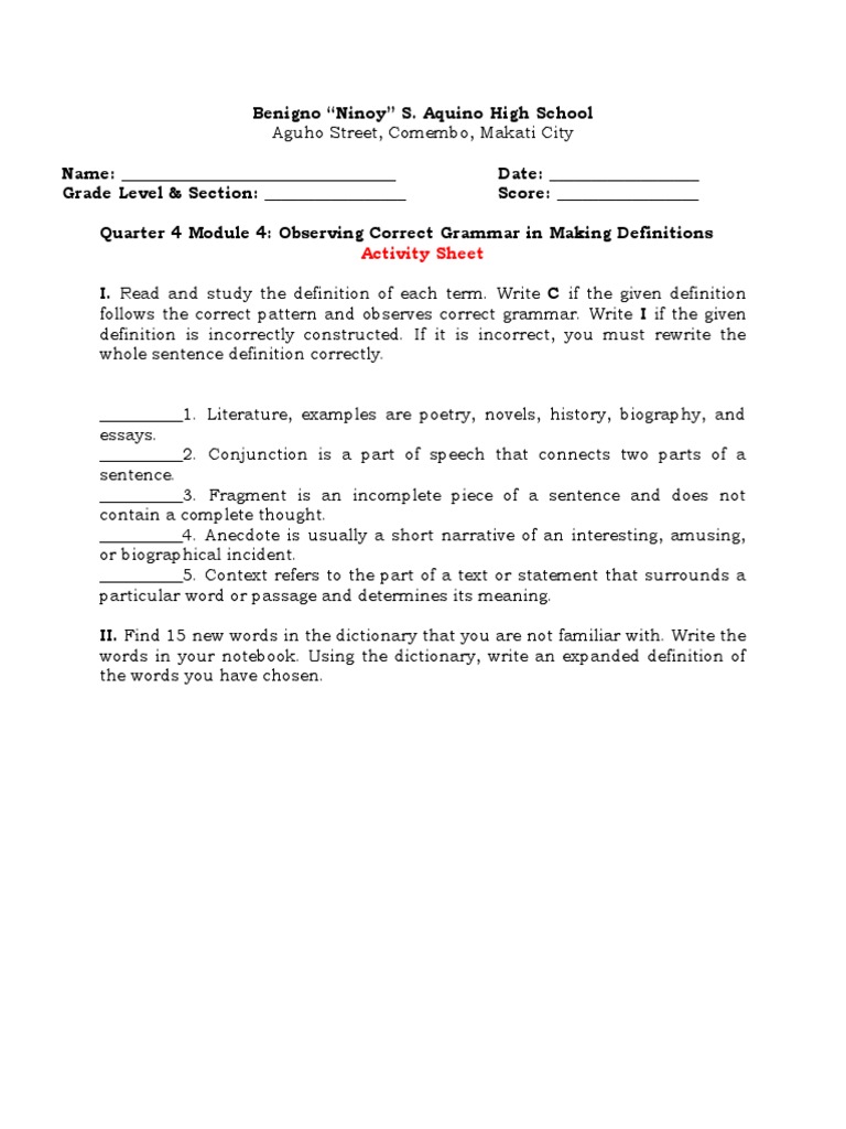 Grammar Definition Activity Sheet | PDF