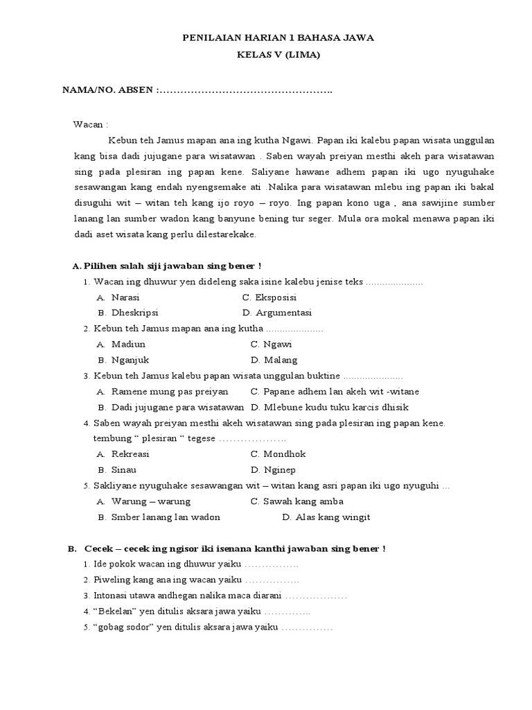 Penilaian Harian 1 Bahasa Jawa | PDF
