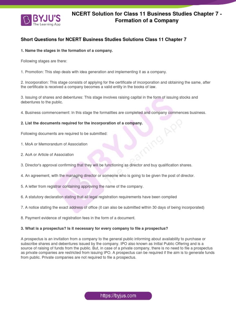 Ncert Solution Class 11 Business Studies Chapter 7 | PDF | Articles Of ... Ncert Solution Class 11 Business Studies Chapter 7 | PDF | Articles Of ...