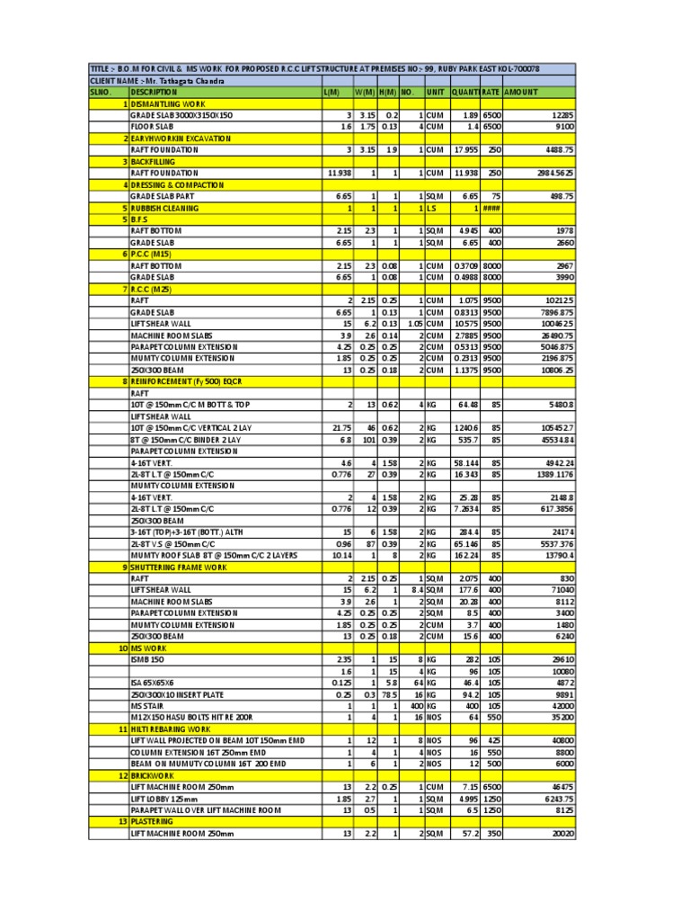 BOM for Lift Structure at Ruby Park East | PDF | Solid Mechanics | Real ...
