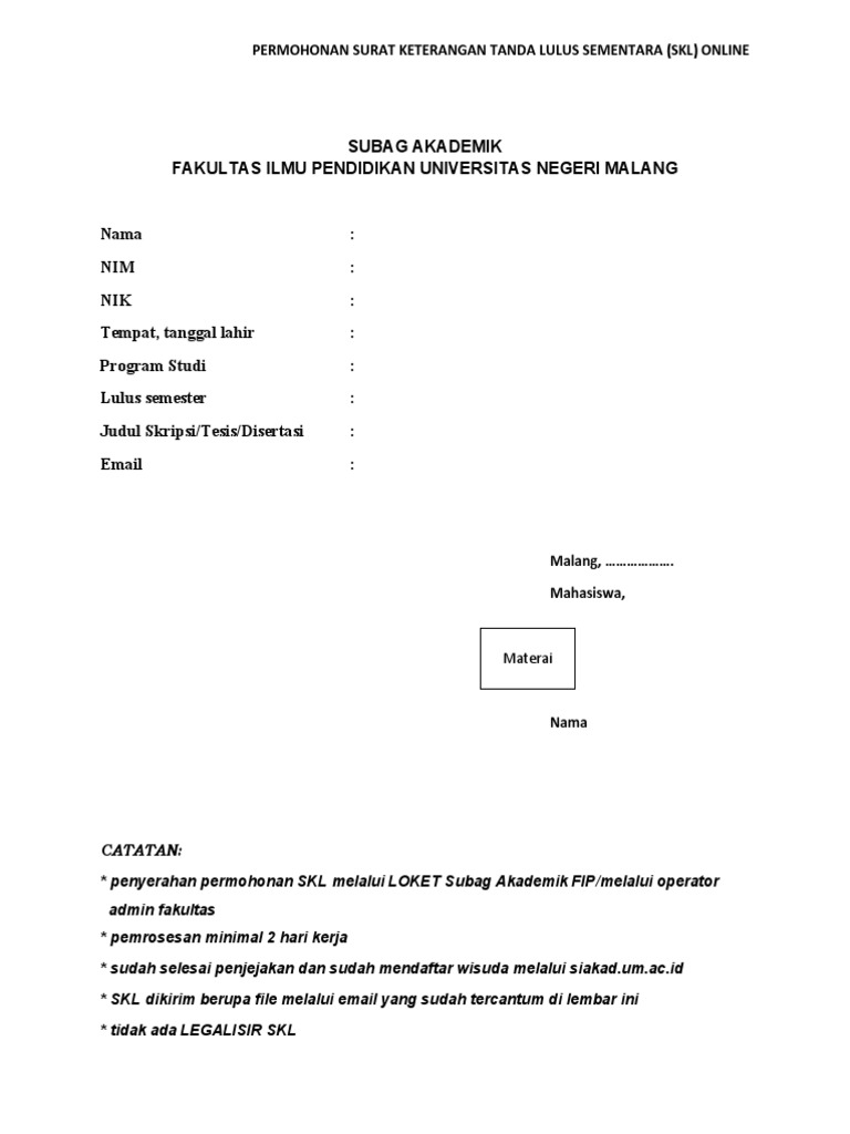 Permohonan Surat Keterangan Tanda Lulus Sementara (SKL) Online | PDF