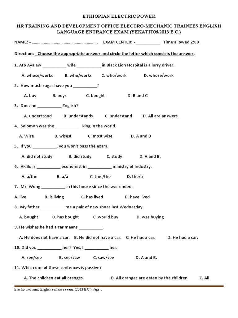 2013 E.C. ENGLISH Entrance Exam For EEP. | PDF | Languages | Foreign Language Studies