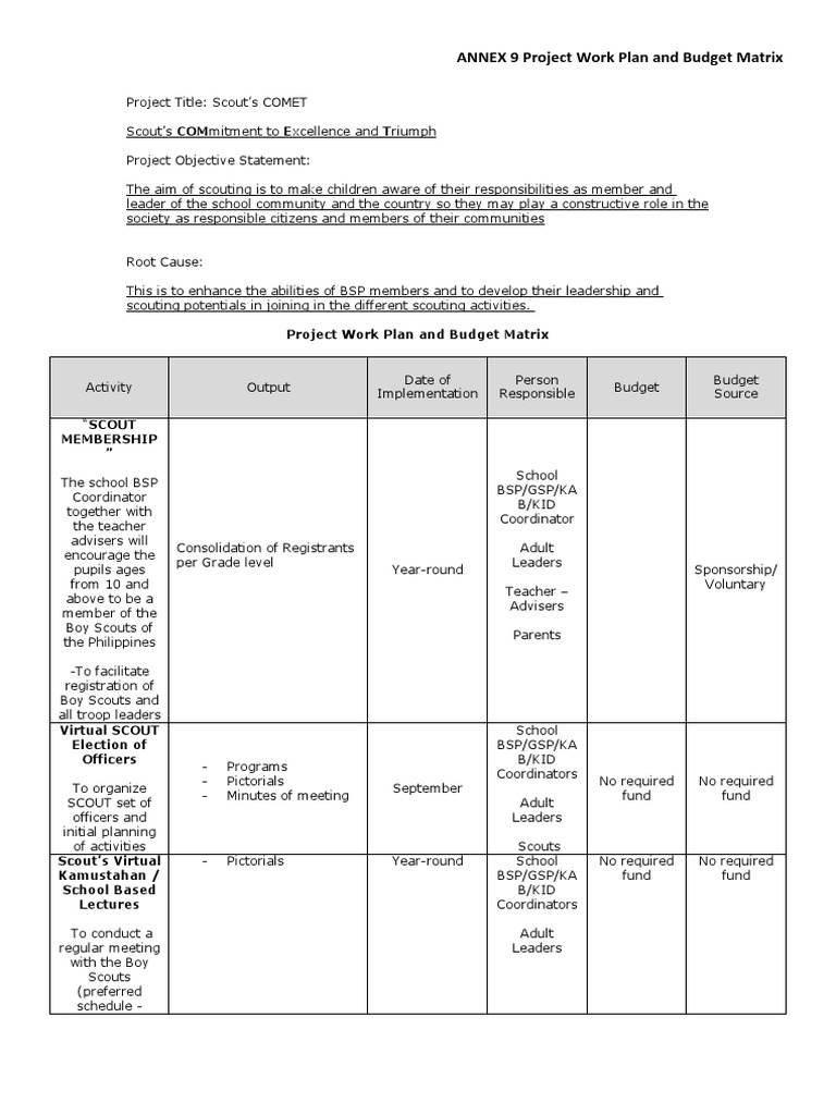 Scout Project Work Plan and Budget Matrix 1 | PDF | Scouting | Youth ...