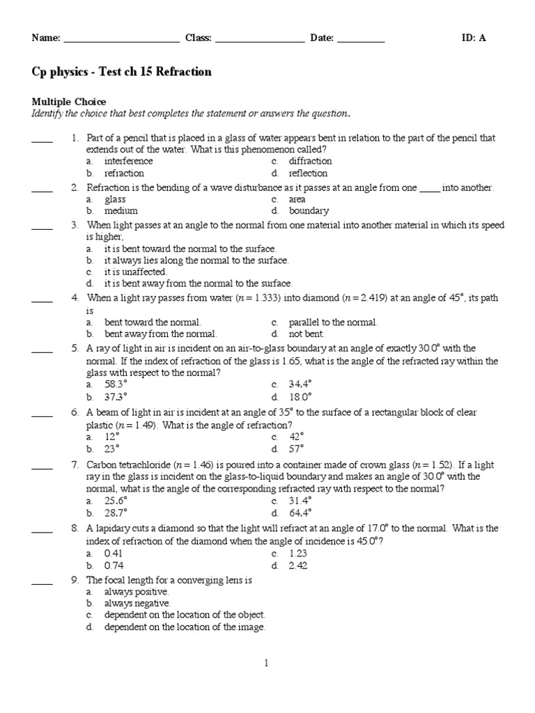 Physics Test: Refraction and Lenses | PDF | Refraction | Optics