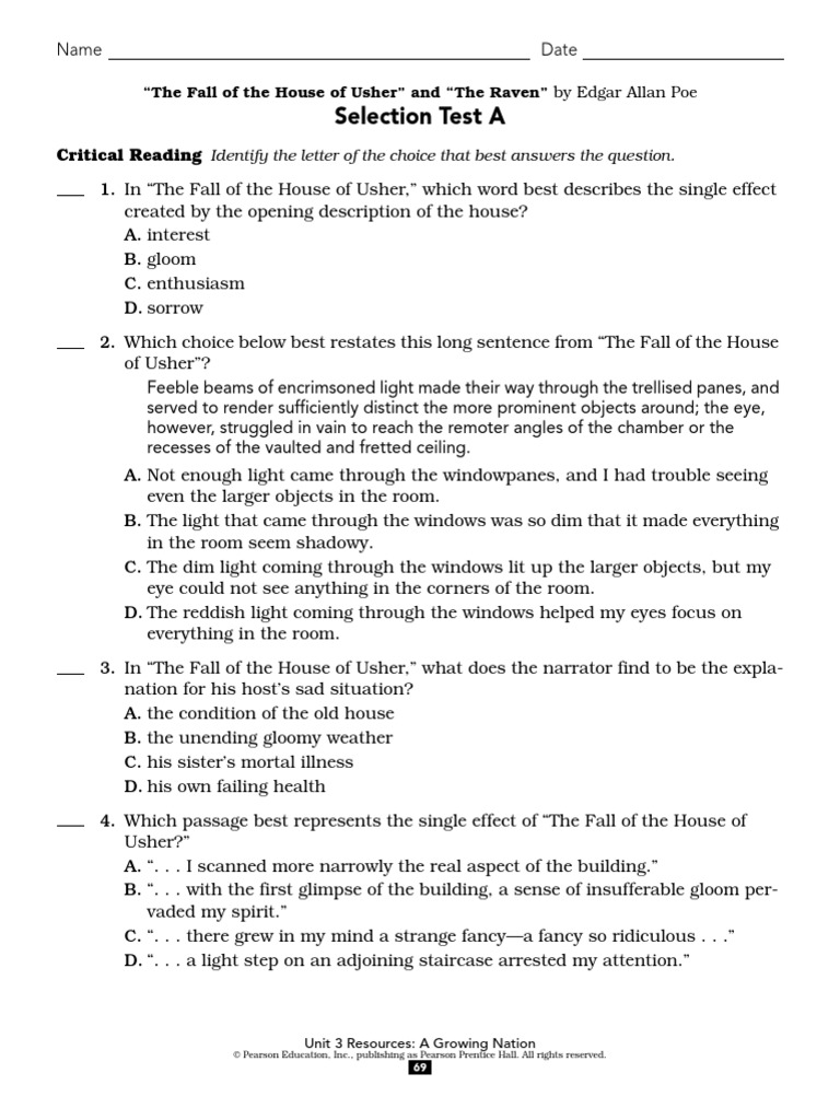 The Fall Of The House Of Usher Tesr Pdf Selection Test Pdf The Raven