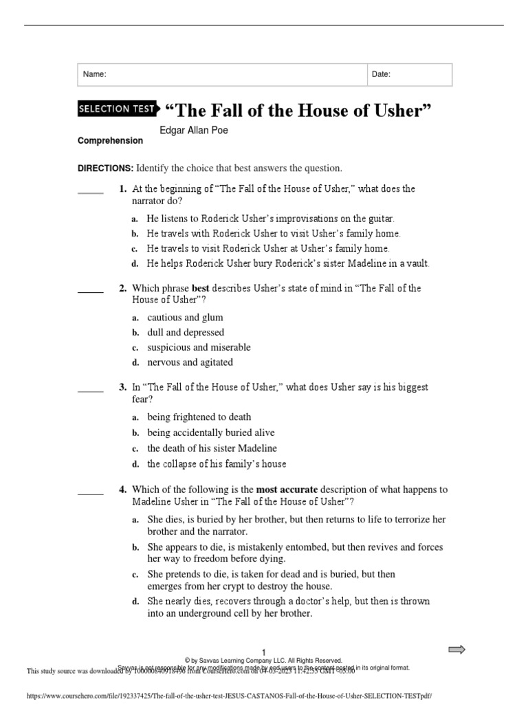 Usher's House: A Test of Comprehension | PDF