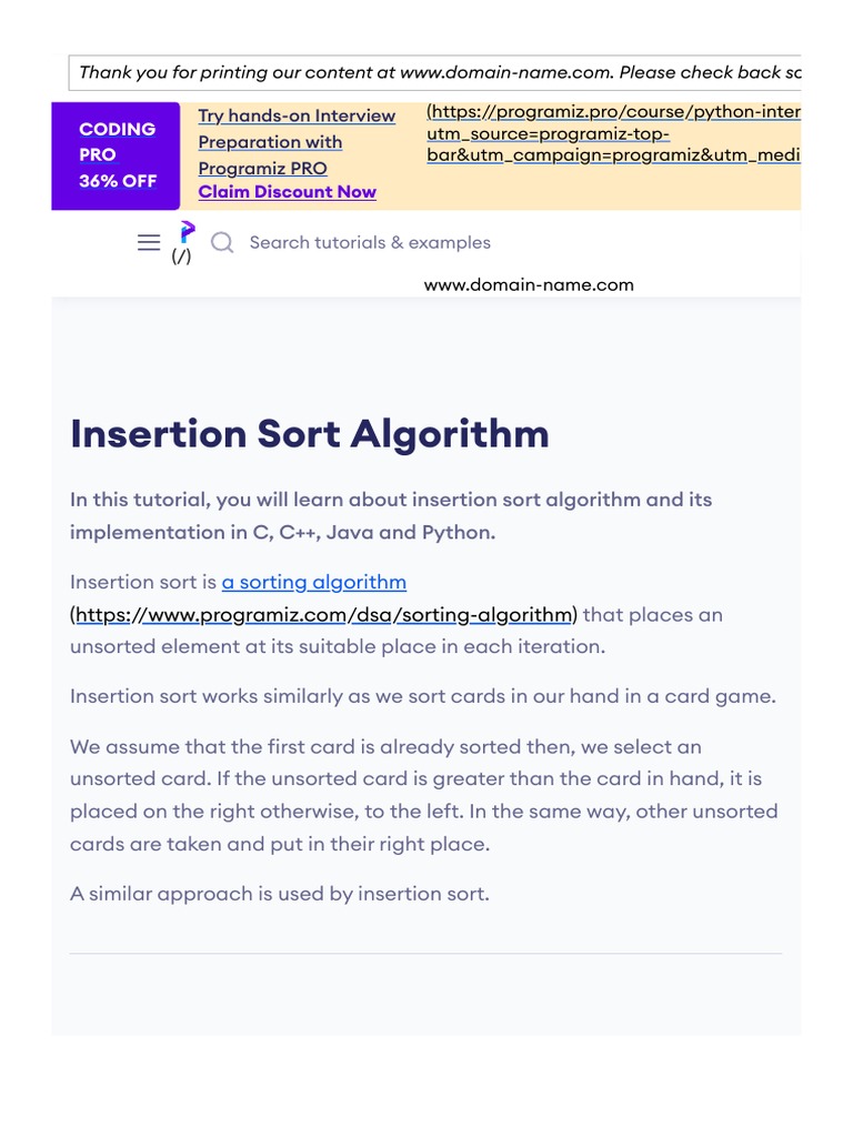 Insertion Sort (With Code in Python-C++-Java-C) | PDF | Computer ...
