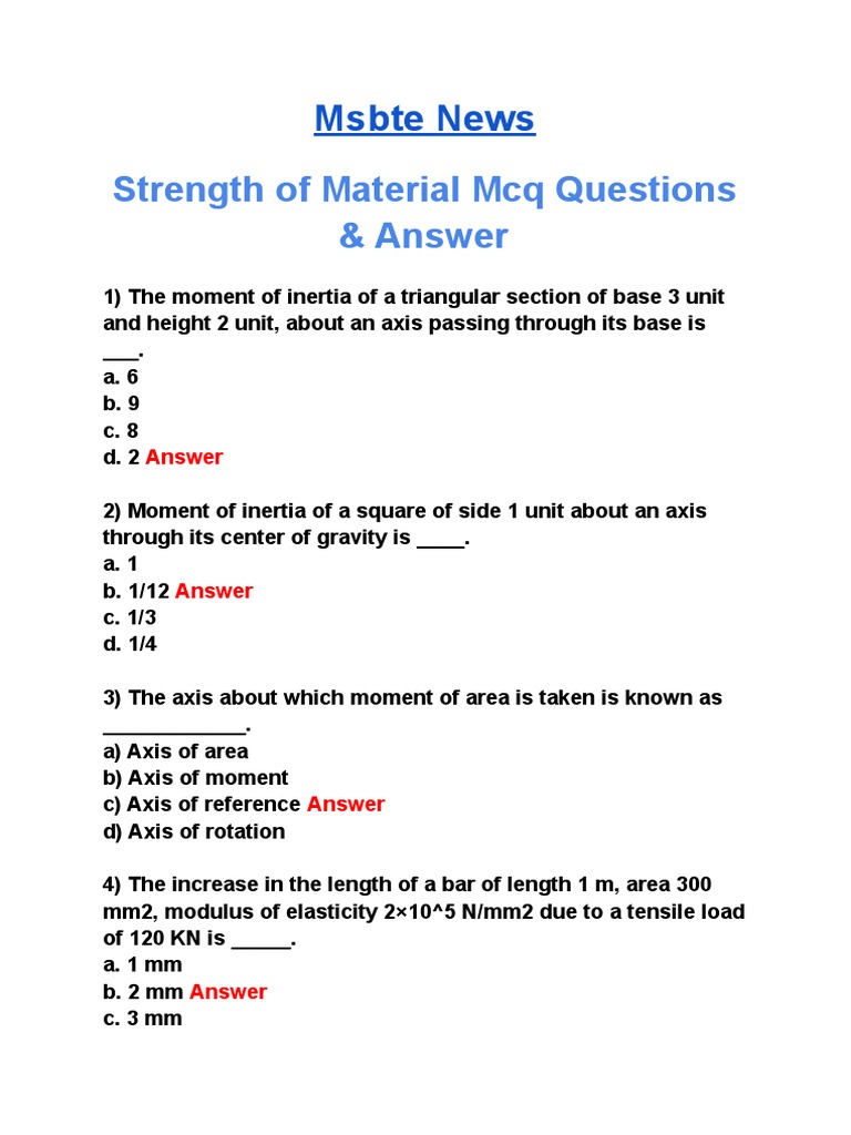 Strength of Material MCQ Questions & Answer: Msbte News | PDF | Beam (Structure) | Bending