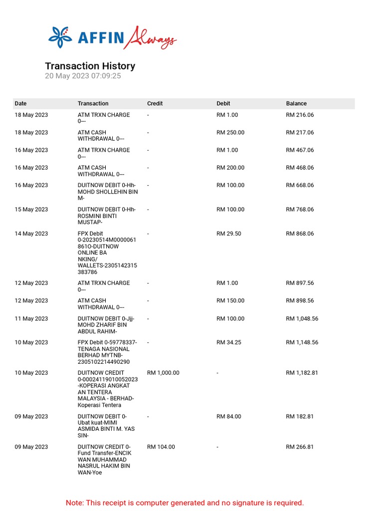 Transaction History | PDF | Debit Card | Automated Teller Machine