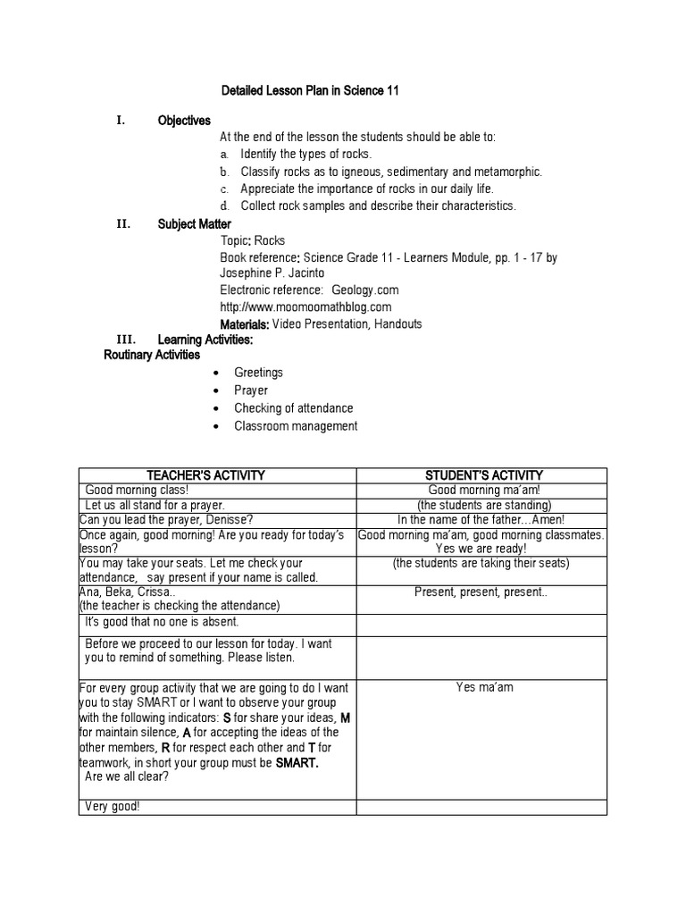 Detailed Lesson Plan in Rock Cycle | PDF | Rock (Geology) | Igneous Rock