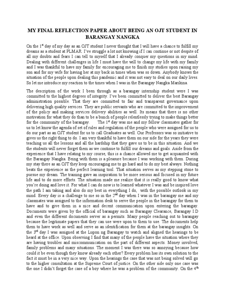 My Final Reflection Paper About Being An Ojt Student in Barangay Nangka ...