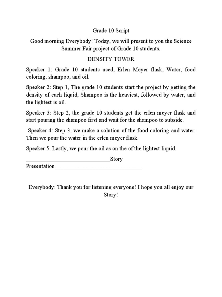 Grade 10 Summer Science Fair Script | PDF