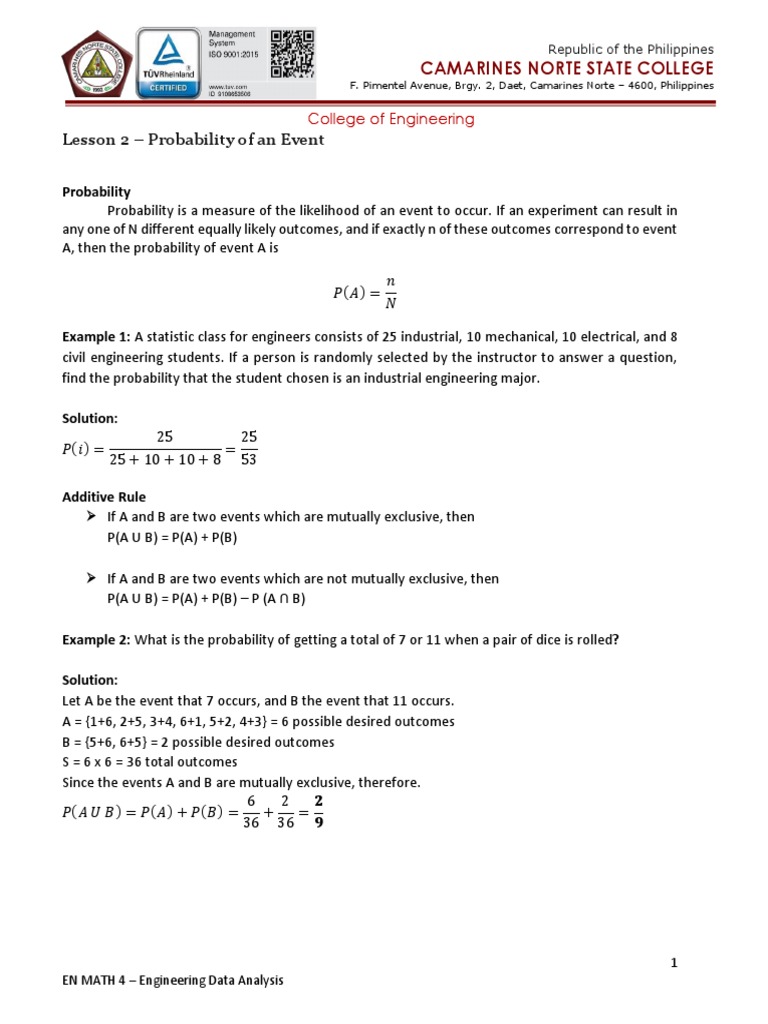 Lesson 2 (Probability of An Event) | PDF | Probability | Statistical Theory