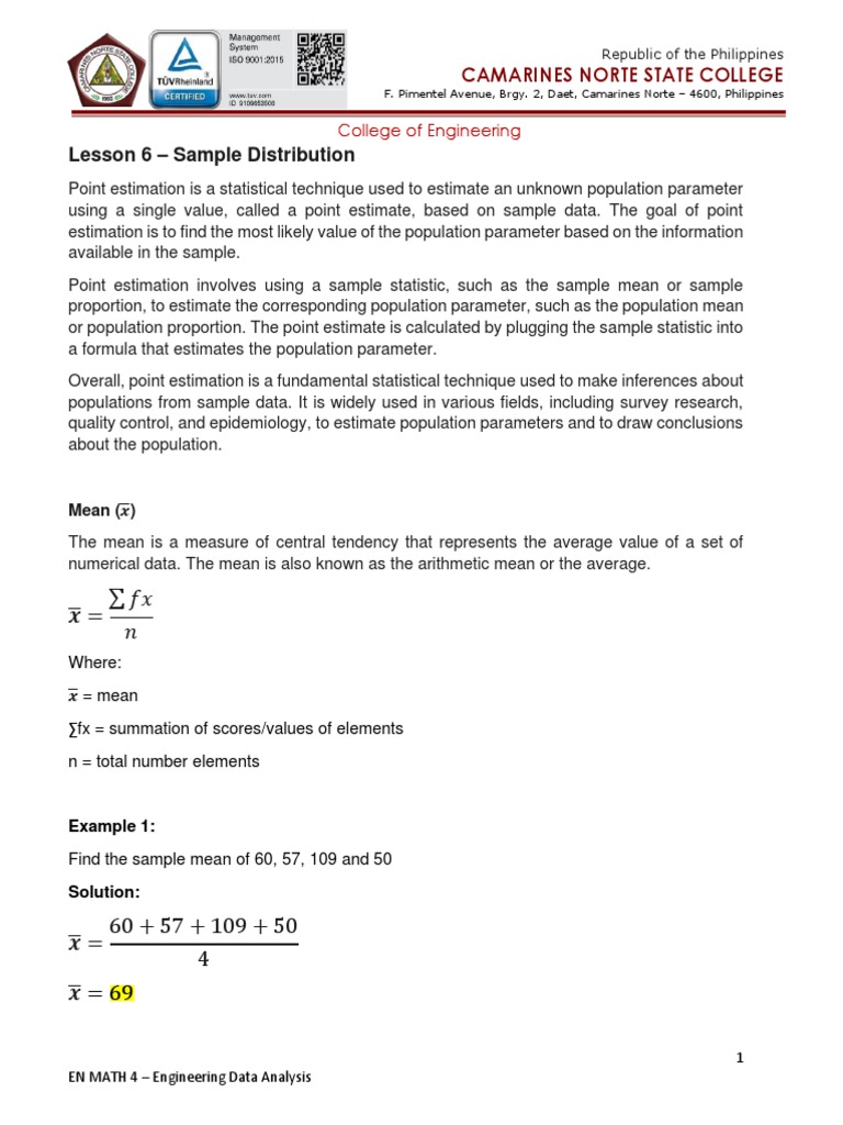 Lesson 6 Sampling Distribution Pdf Standard Deviation Mean
