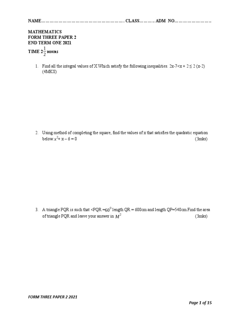 F3 Mathematics PP2 Questions | PDF | Circle | Triangle