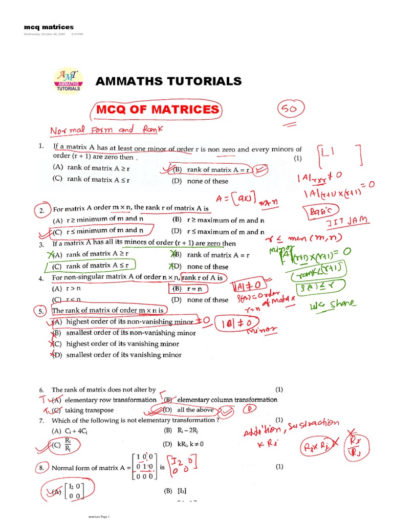 50 MCQ of Matrices | PDF | Teaching Methods & Materials