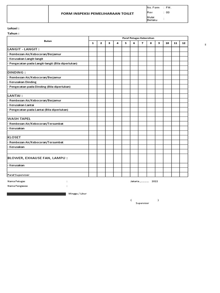 Form Inspeksi Pemeliharaan Toilet | PDF