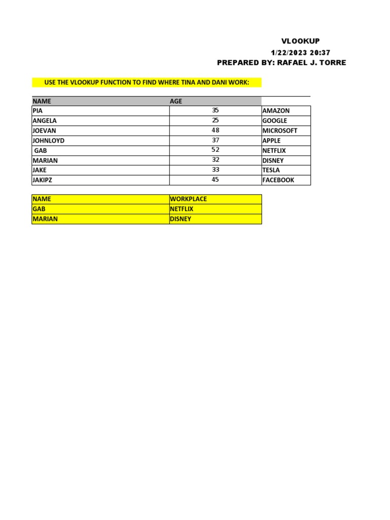 VLOOKUP Function for Workplace Lookup | PDF