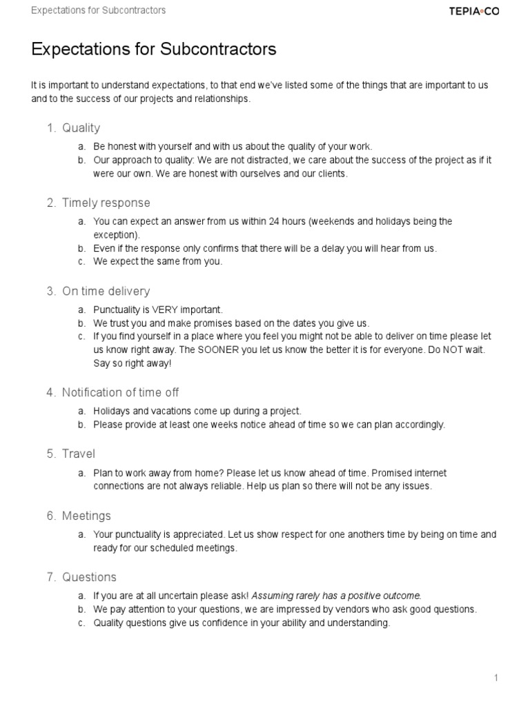 Expectations For Subcontractors | PDF | Advertising | Business