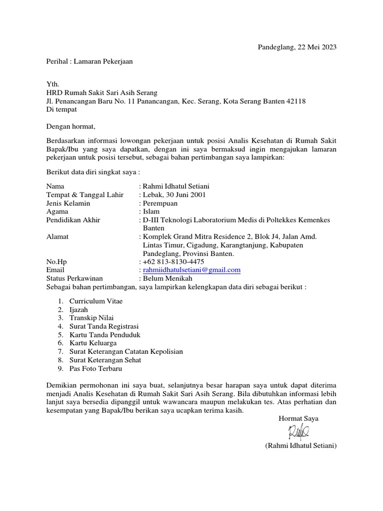 Surat Lamaran RS Sari Asih Serang PDF | PDF