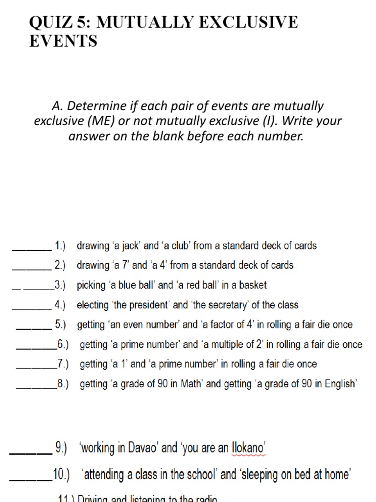 Quiz on Mutually Exclusive Events | PDF
