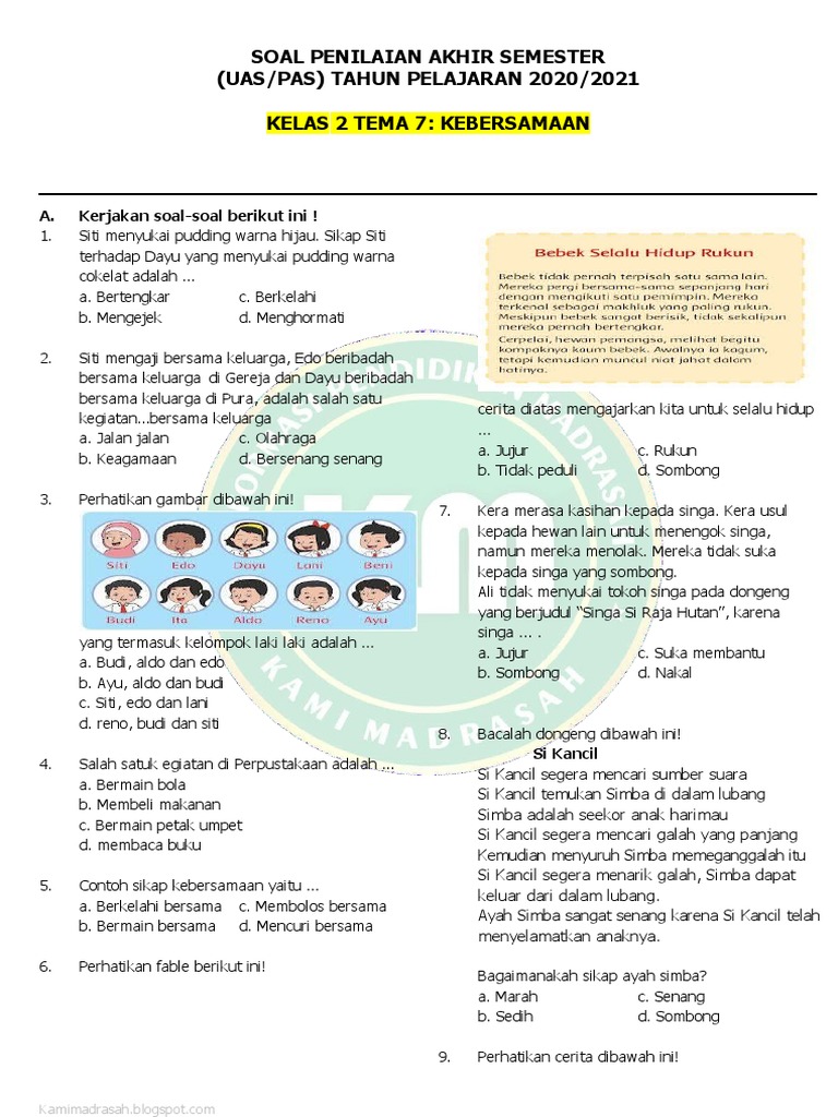 Soal PAS Kelas 2 Tema 7 - Kamimadrasah | PDF