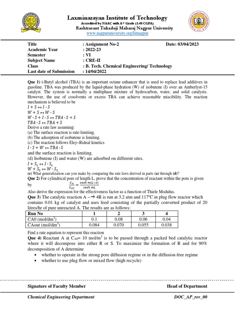 Assignment No-2 | PDF | Chemical Reactor | Chemical Kinetics