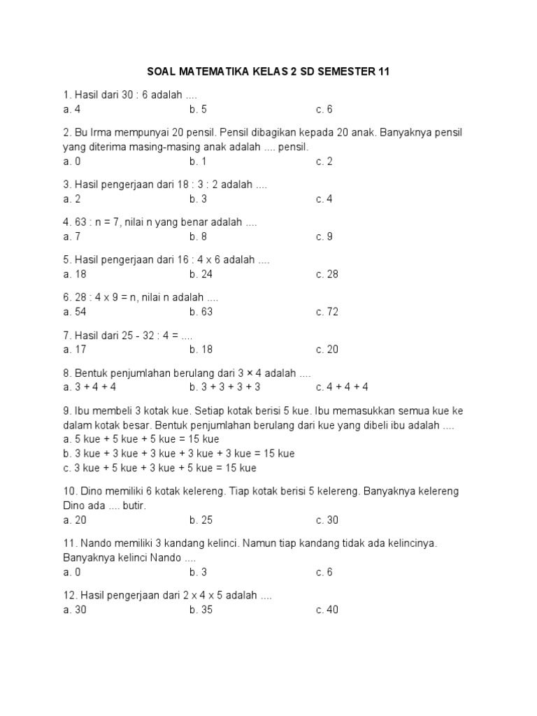 Soal Matematika Kelas 2 SD Semester 11 | PDF