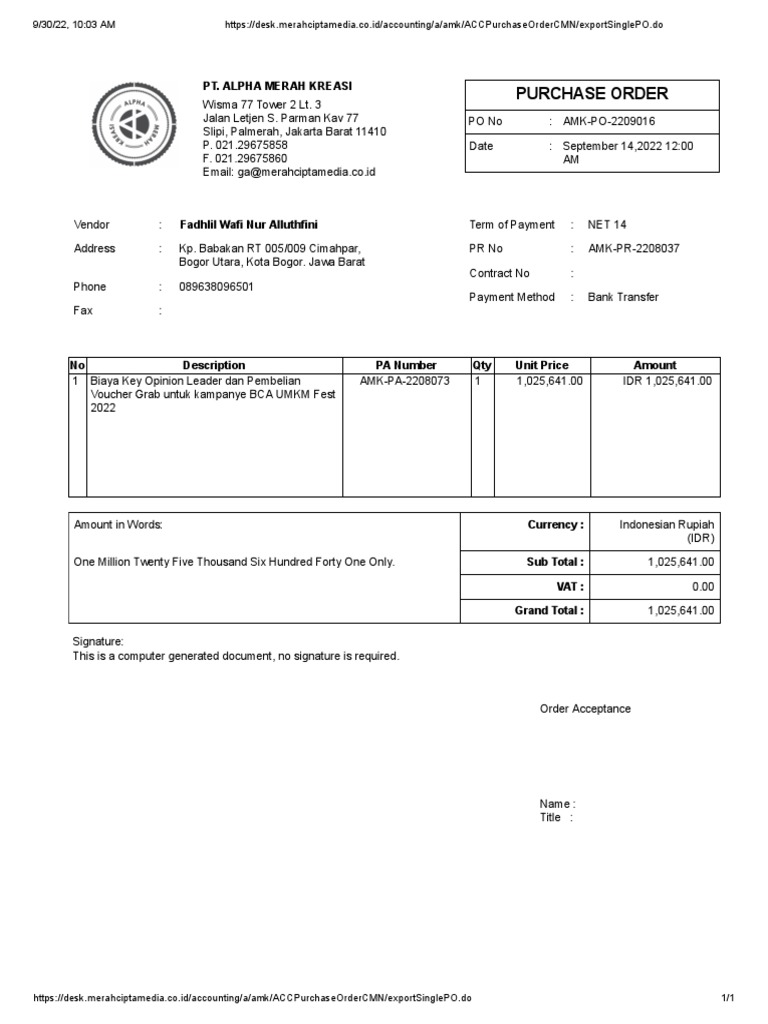 AMK-PO-2209016 - Fadhlil Wafi Nur Alluthfini | PDF | Indonesian Rupiah ...