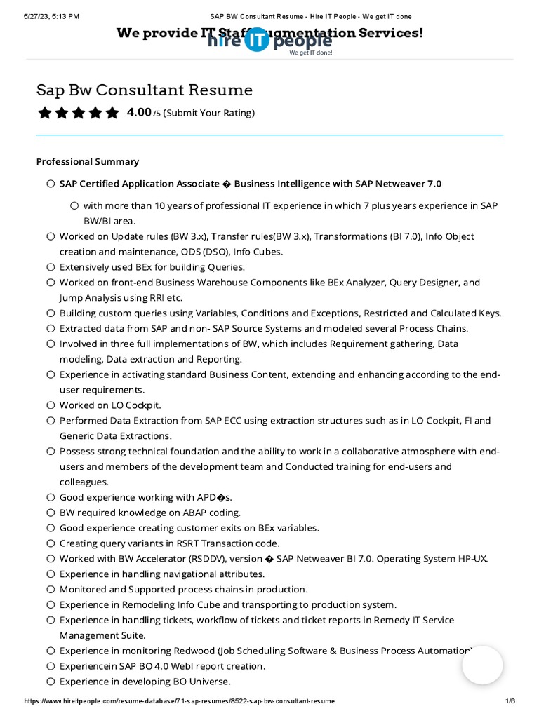 SAP BW Consultant Resume - Hire IT People - We Get IT Done | PDF | World Wide Web | Internet & Web