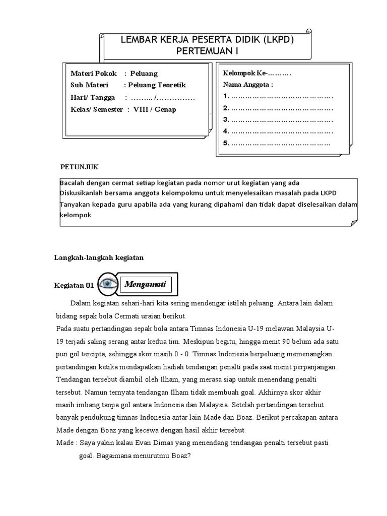 LKPD Peluang Teoretik Kelas VIII | PDF