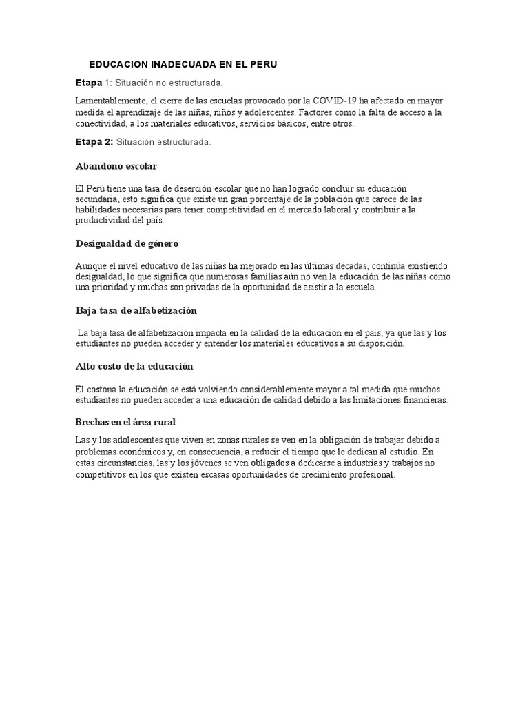 Educacion Inadecuada en El Peru | PDF | Ciencias sociales