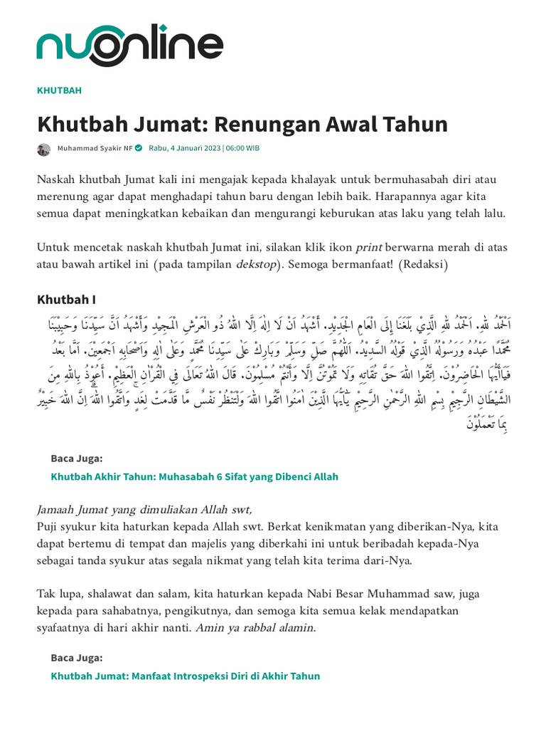 Khutbah Jumat - Renungan Awal Tahun - NU Online | PDF