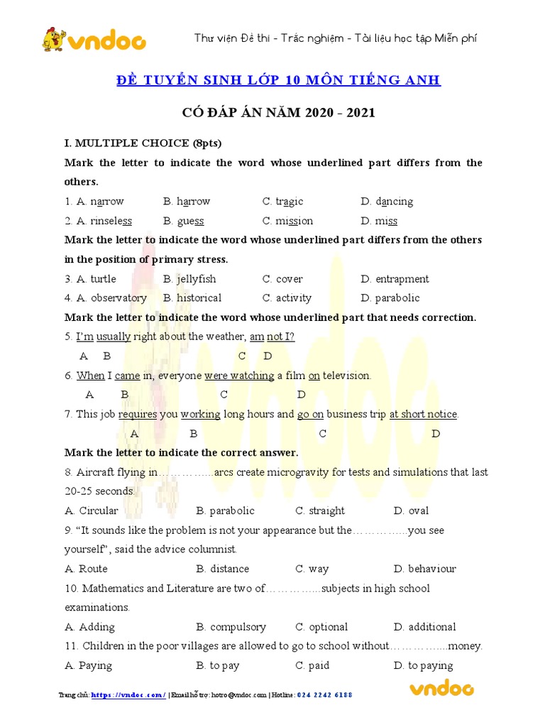 De Luyen Thi Vao Lop 10 Mon Tieng Anh Nam 2020 2021 So 2 64 | PDF