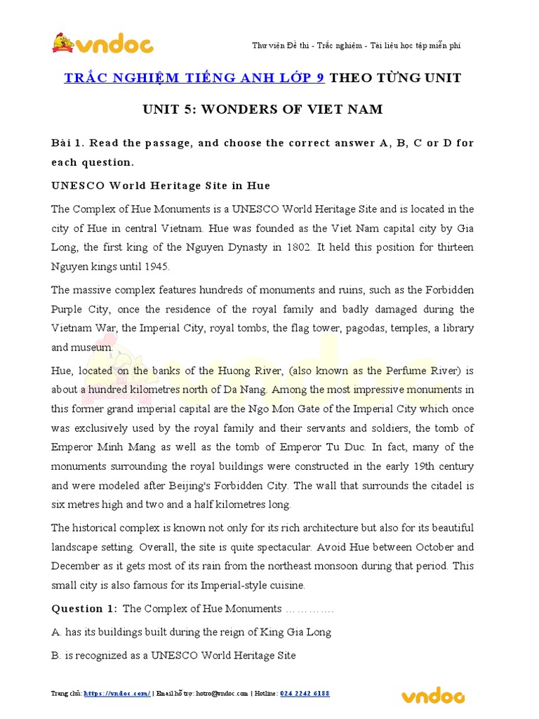 Trac Nghiem Reading Tieng Anh Lop 9 Unit 5 Wonders of Viet Nam | PDF | Hue | Vietnam