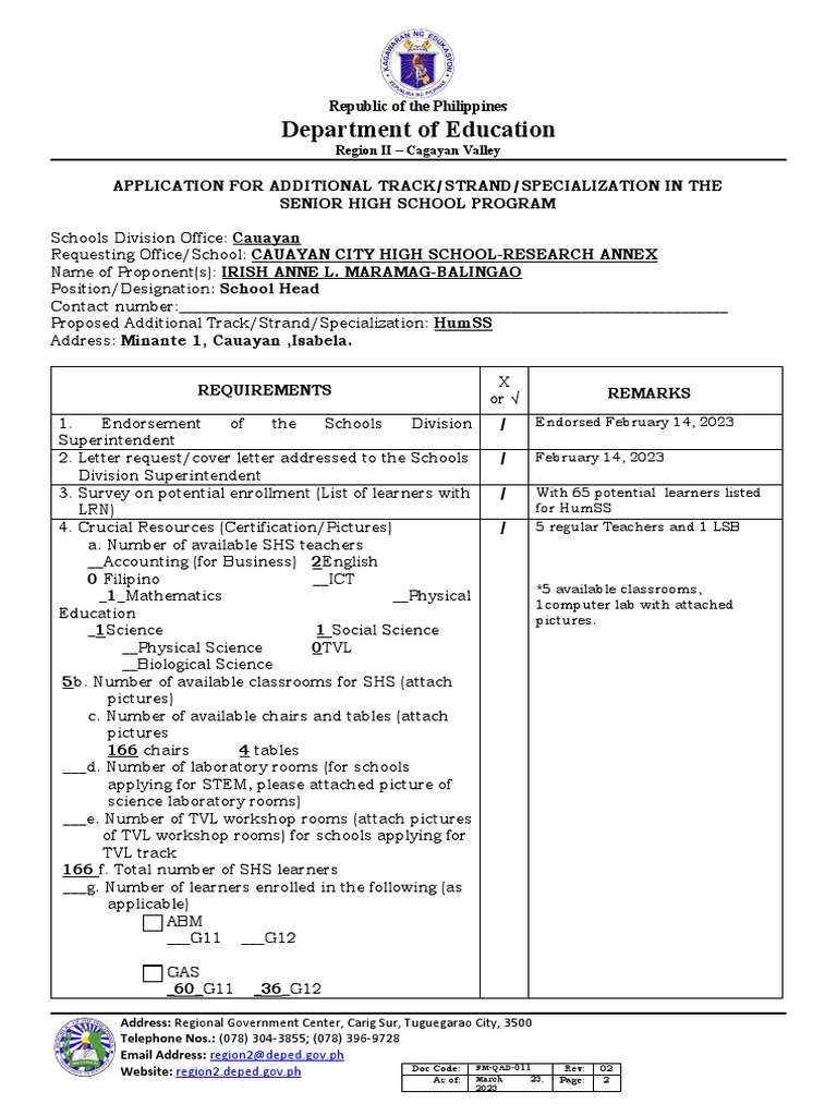 Application for HumSS Track Enrollment | PDF