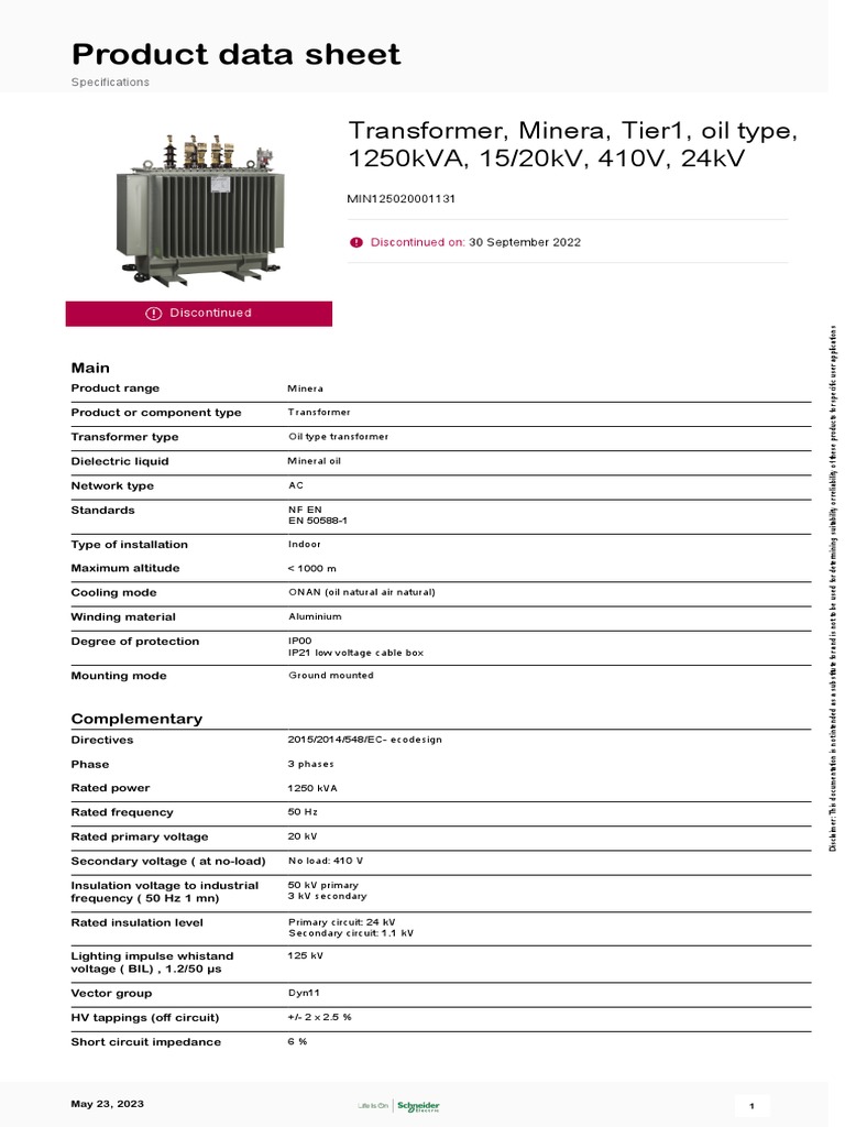 1250 kVA Transformer Specifications | PDF | Transformer | Physical ...