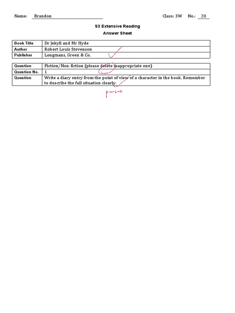 S3 Extensive Reading (Answer Sheet) | PDF | Strange Case Of Dr Jekyll ...