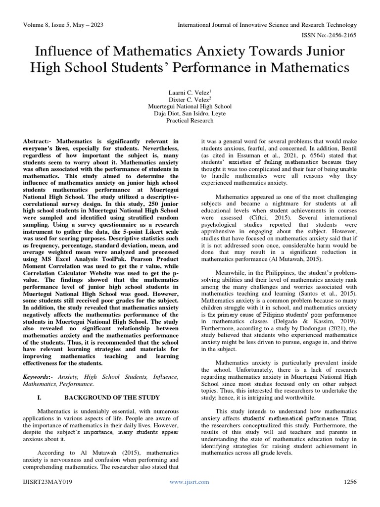 Influence of Mathematics Anxiety Towards Junior High School Students ...
