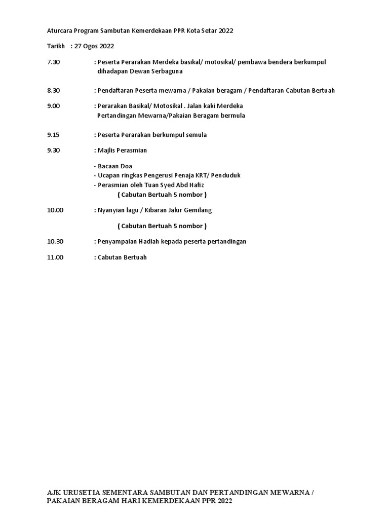Aturcara Program Sambutan Kemerdekaan PPR Kota Setar 2022 | PDF | Olahraga & Rekreasi