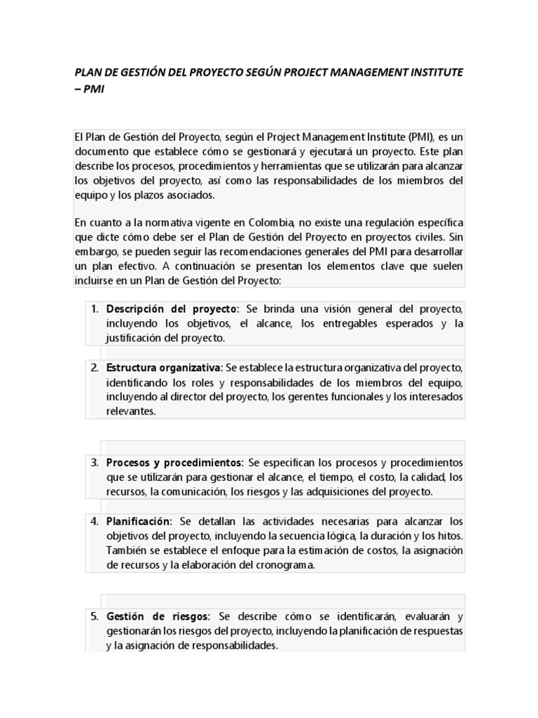 Plan de Gestión Del Proyecto Según Project Management Institute - PMI ...
