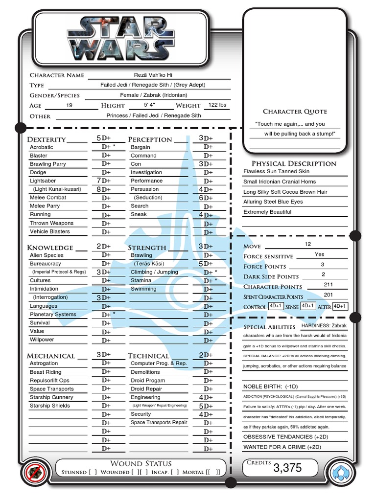 Rezā Vah'ko Hi Renegade Sith STAR WARS WEG d6 Character Sheet | PDF ...