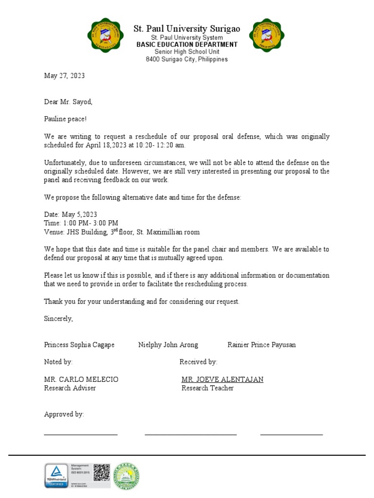 Request to Reschedule Thesis Defense | PDF