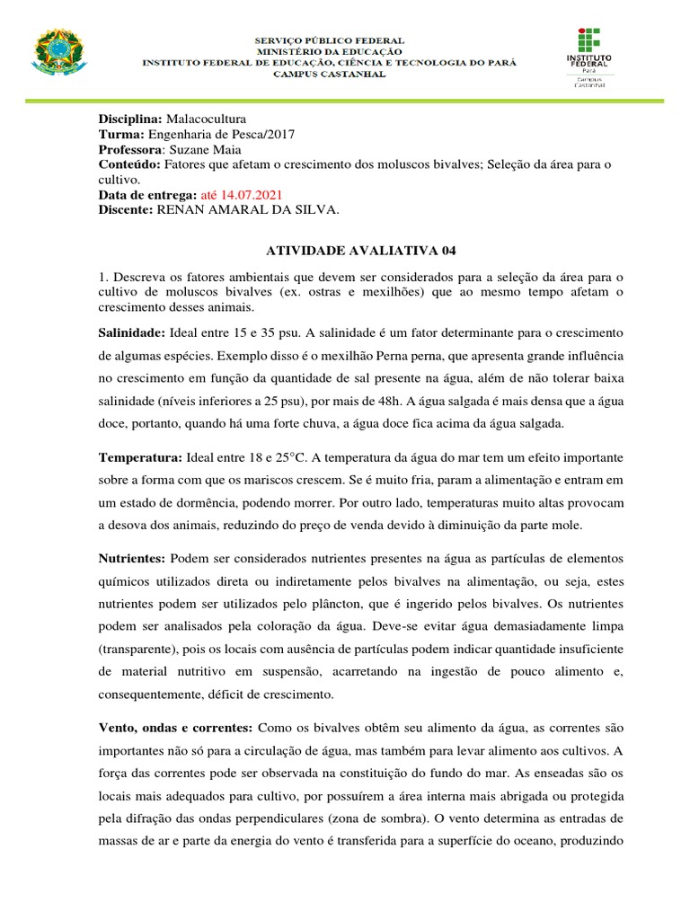 Atividade 04 Malacocultura | Download grátis PDF | Agricultura | Mar