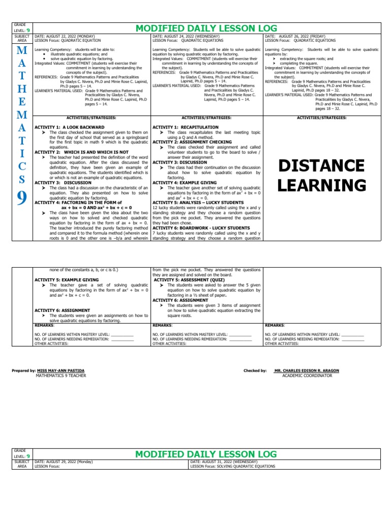 Daily Lesson Log in Math 9 | PDF | Quadratic Equation | Equations